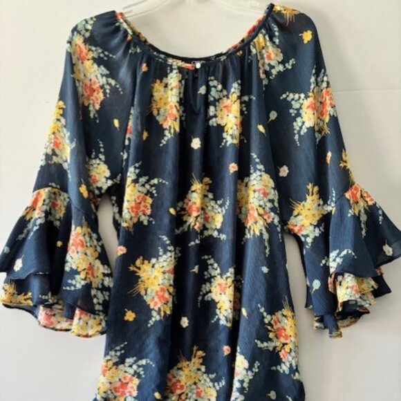 Chaps | Tops | Chaps Blouse Womens Xl Navy Blue Top Floral 34 Bell ...